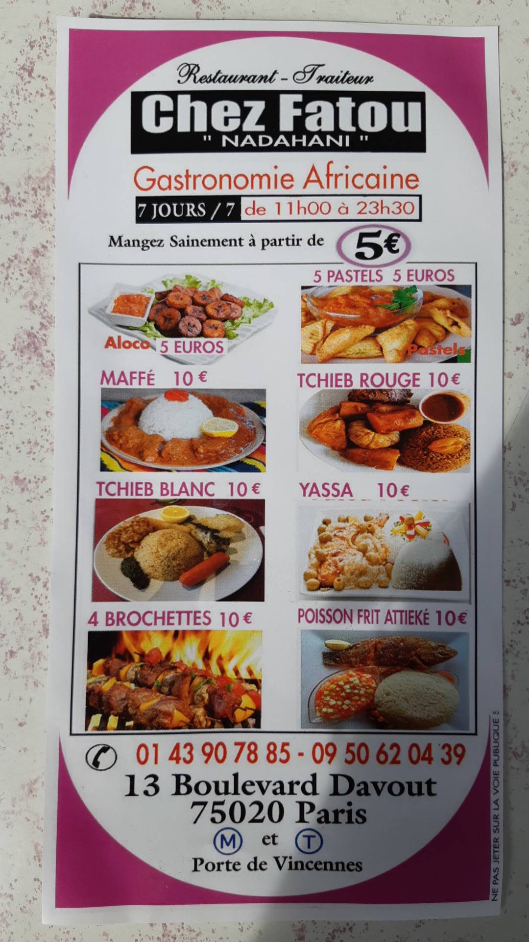 Carta del restaurante Chez Fatou, Paris, 13 Bd Davout