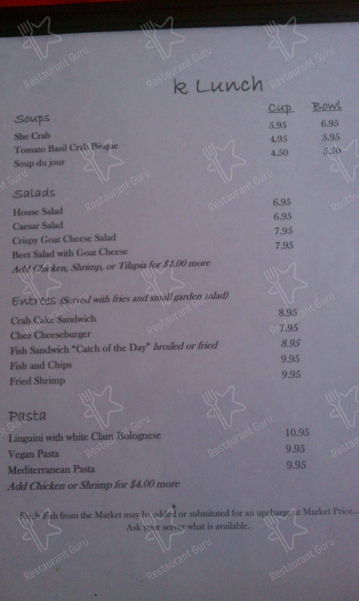 Menu at Chez Fish restaurant, Johns Island