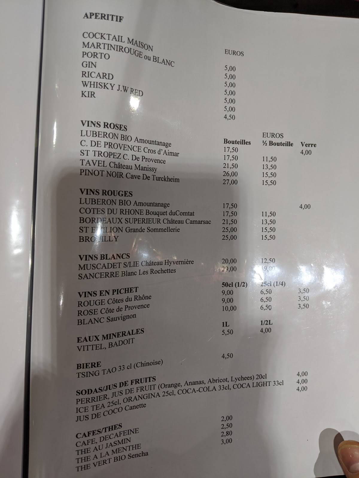 Menu at Chez Kim restaurant, Paris, 3 Rue de Mouzaïa