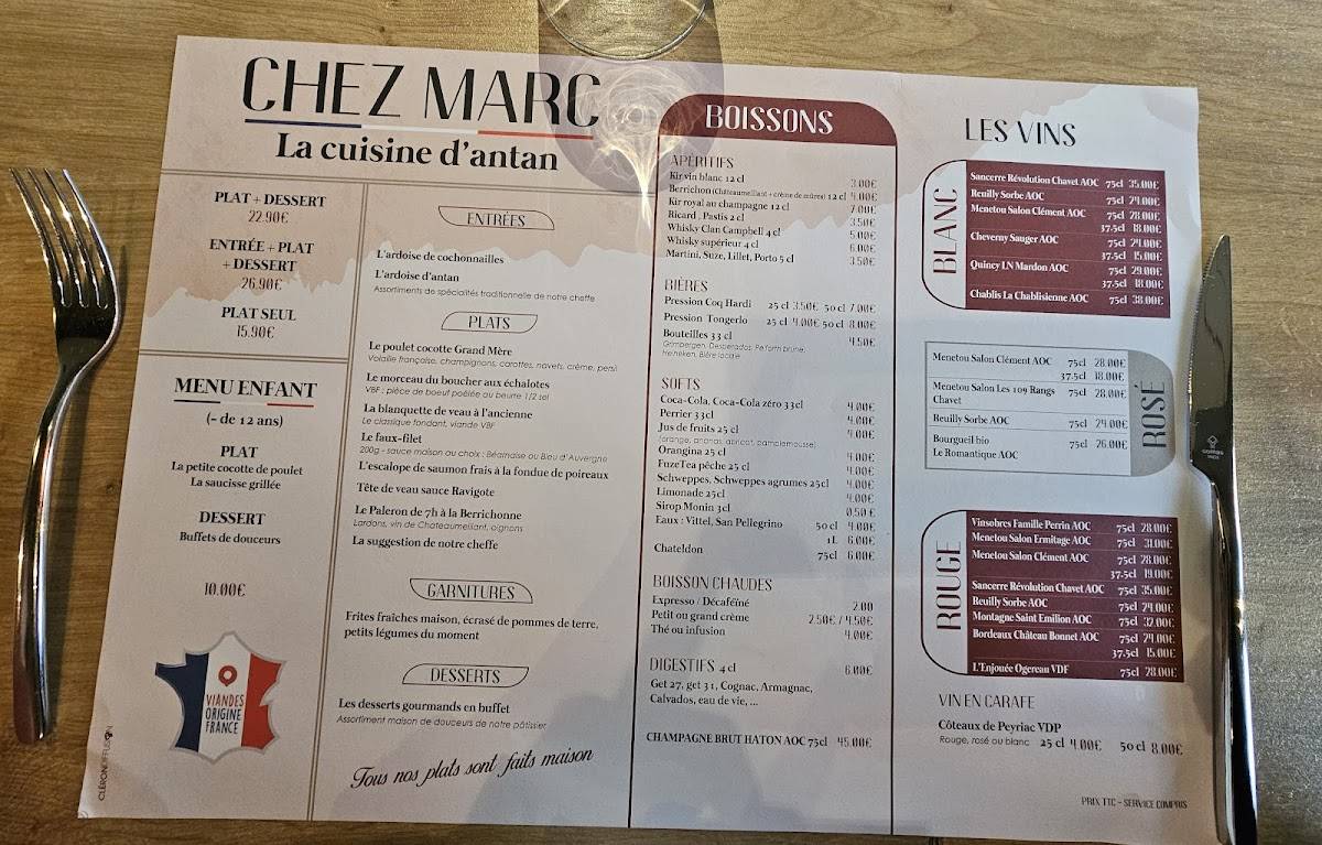 Menu au Chez Marc restaurant, Bourges