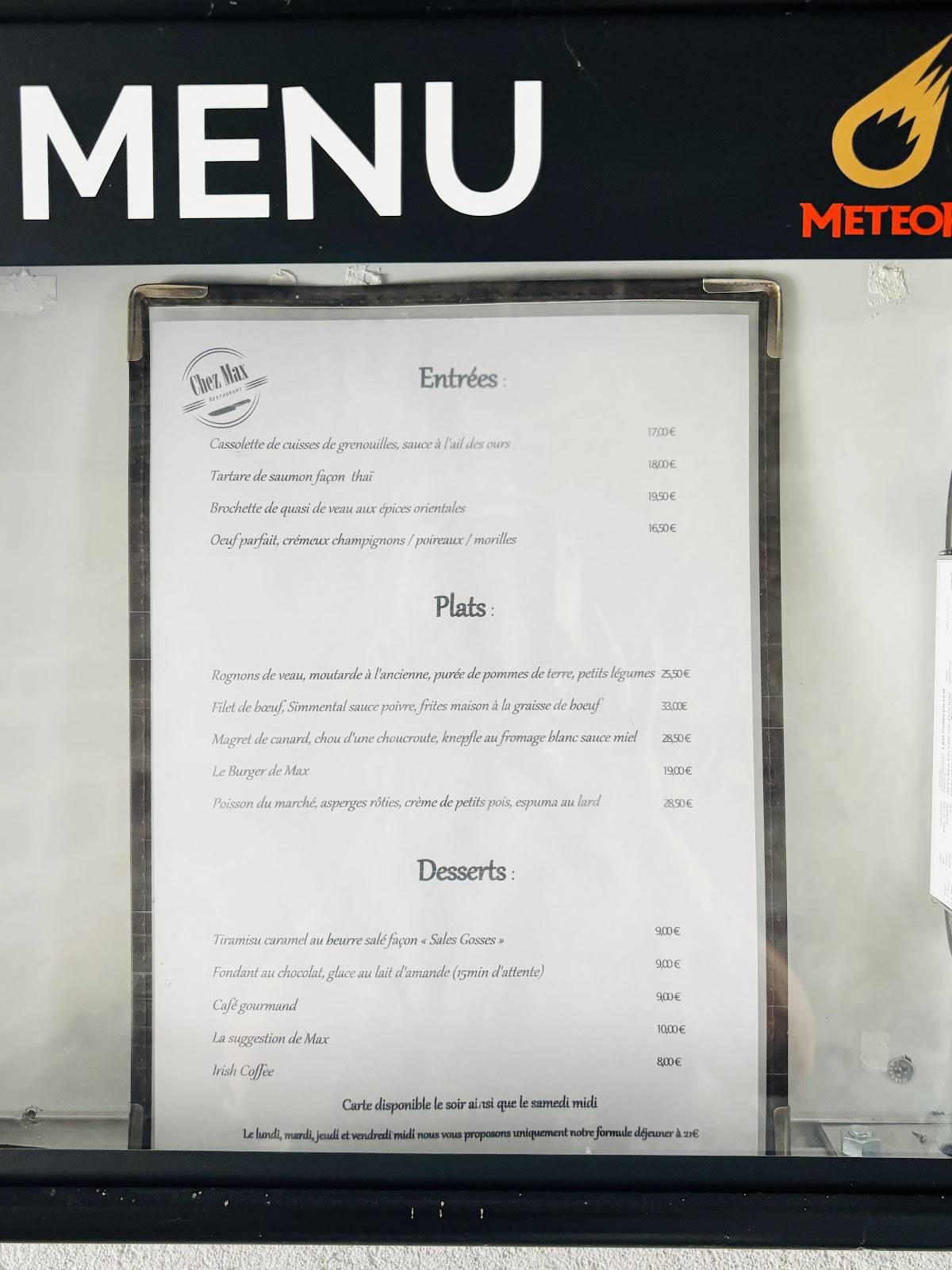 Menu au Chez Max restaurant, Wissembourg