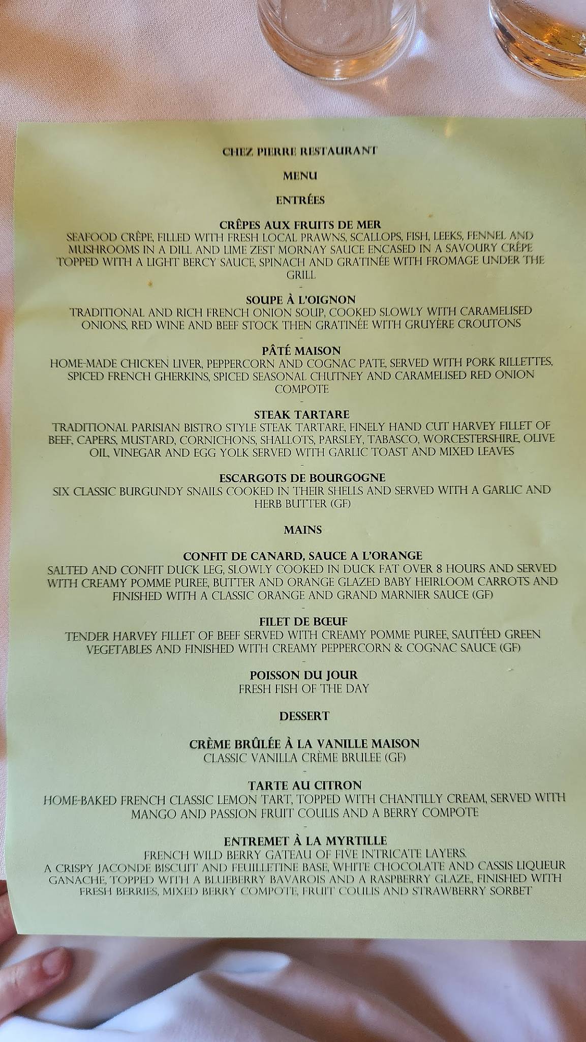 Menu at Chez Pierre restaurant, Nedlands