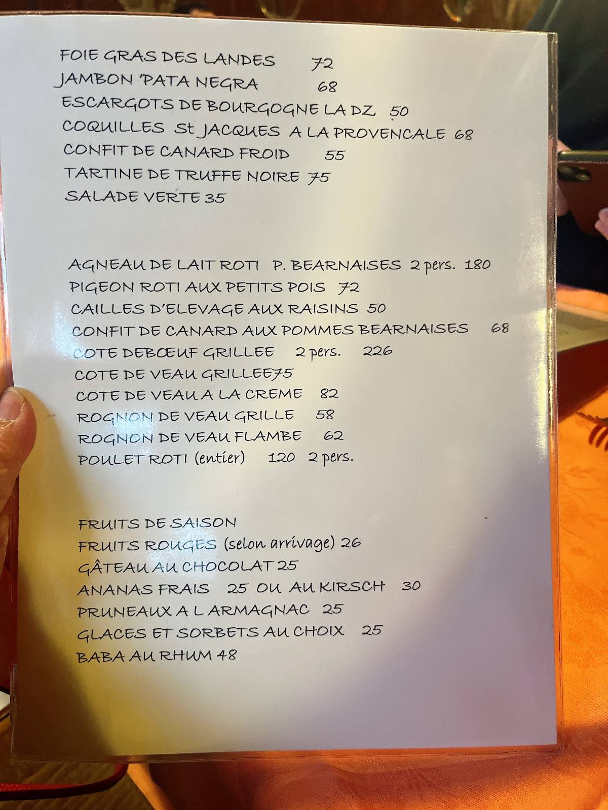Menu au Chez l'Ami Louis restaurant, Paris, 32 Rue du Vertbois