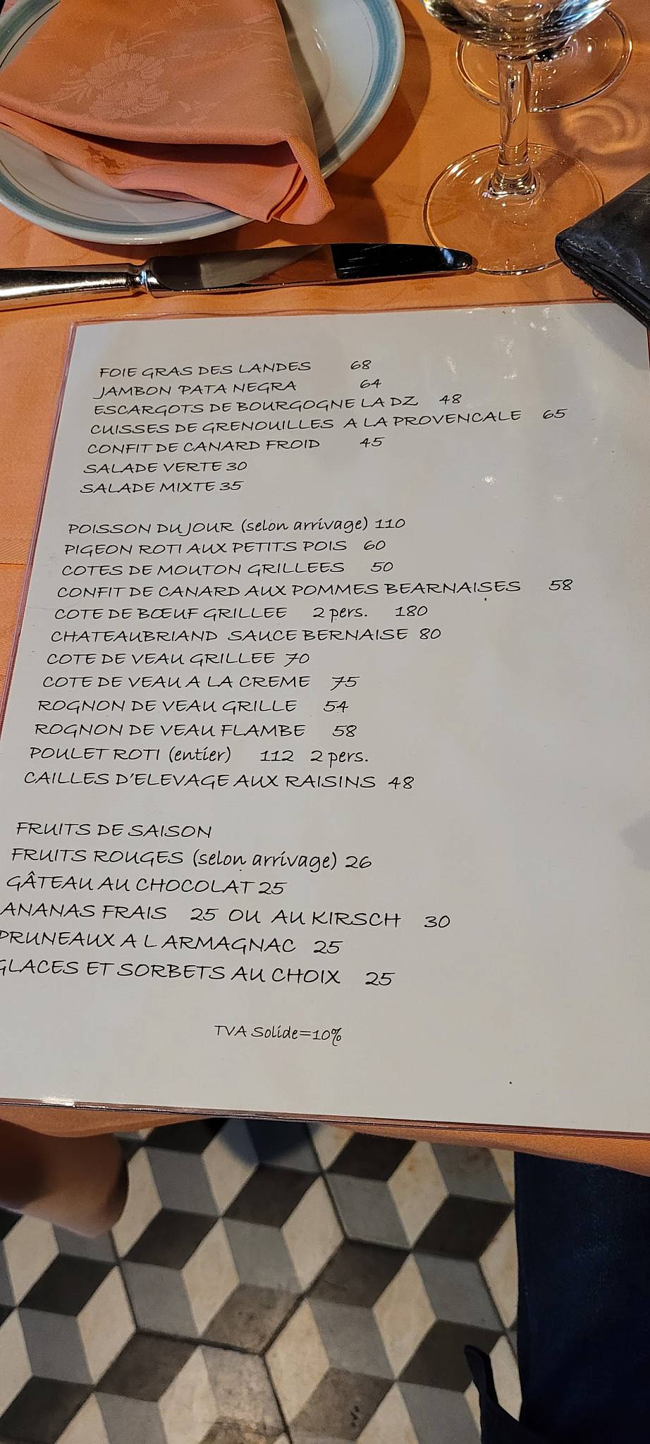 Menu at Chez l'Ami Louis restaurant, Paris, 32 Rue du Vertbois