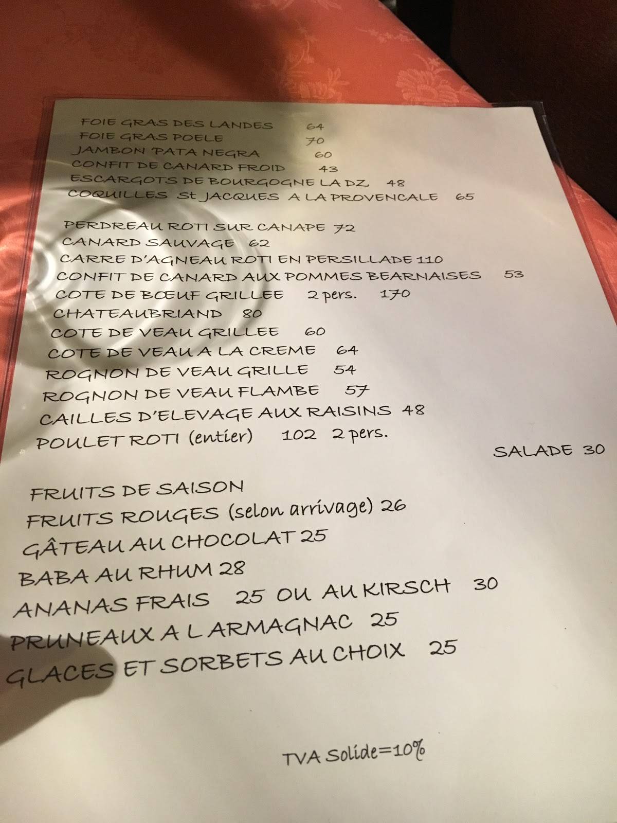 Menu at Chez l'Ami Louis restaurant, Paris, 32 Rue du Vertbois