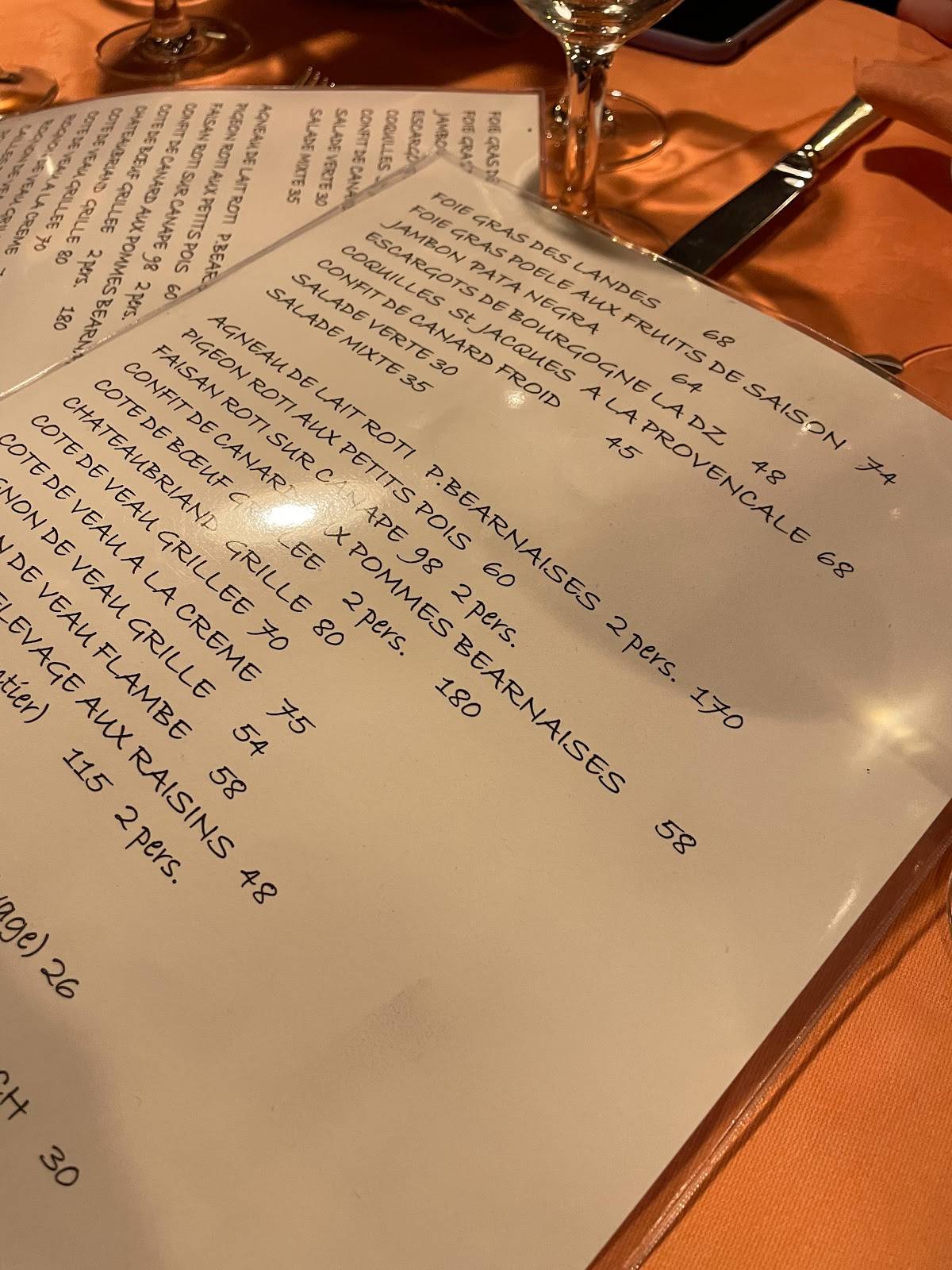 Menu at Chez l'Ami Louis restaurant, Paris, 32 Rue du Vertbois