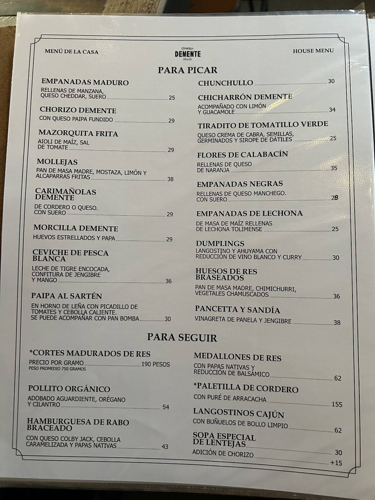Menu at Chichería Demente restaurant, Bogotá