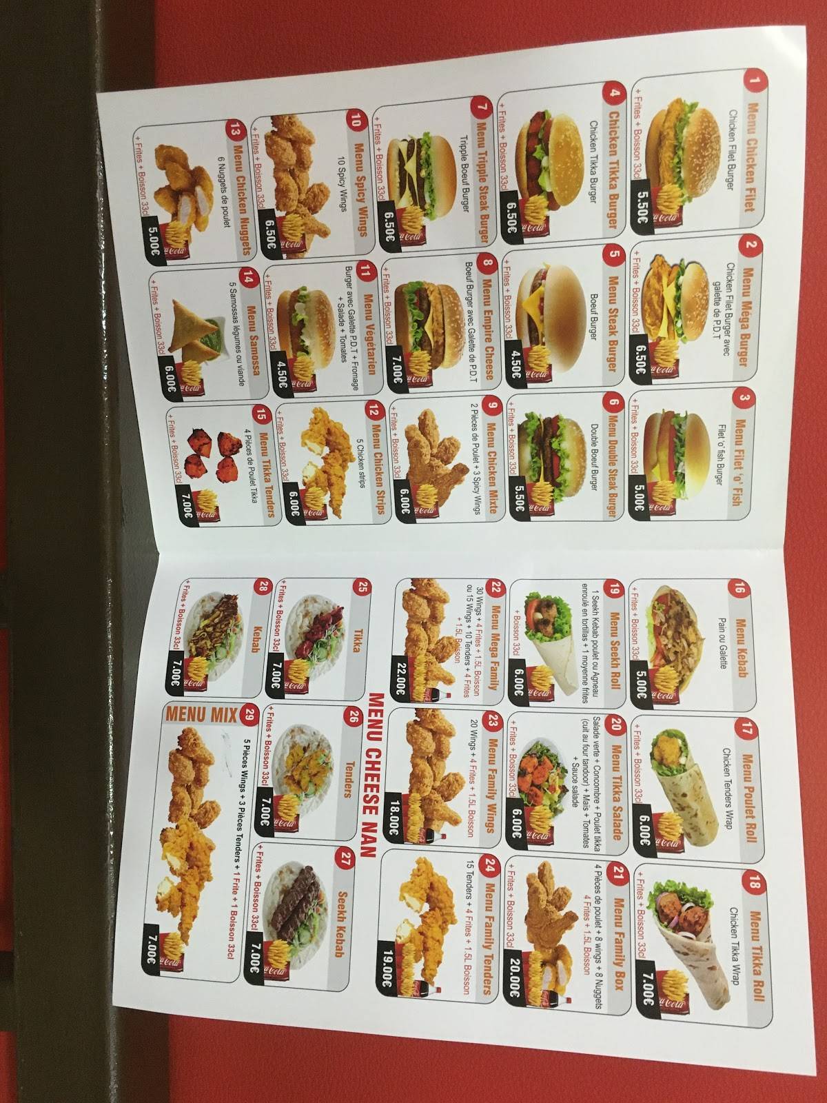 Menu au Chicken Burger restaurant, Vernon