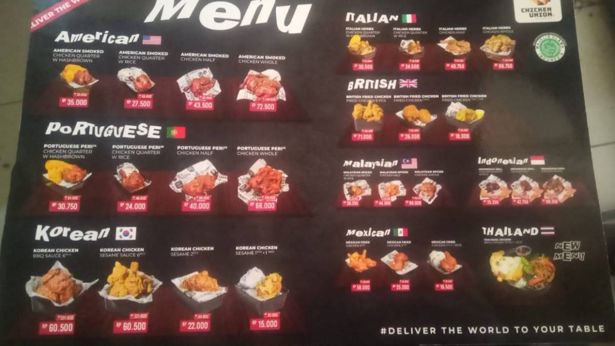 Menu at Chicken Union Kemang restaurant, South Jakarta