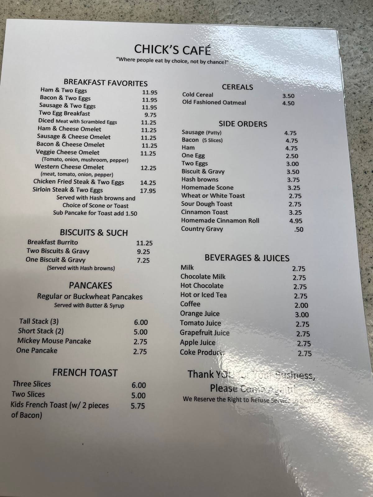 Menu at Chick's Café restaurant, Heber City