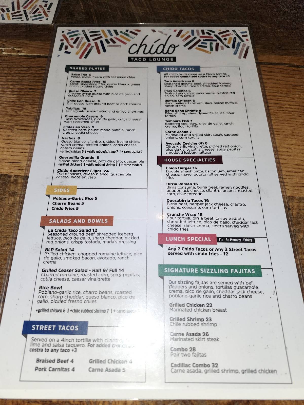 Menu at Chido Taco Lounge restaurant, Frisco