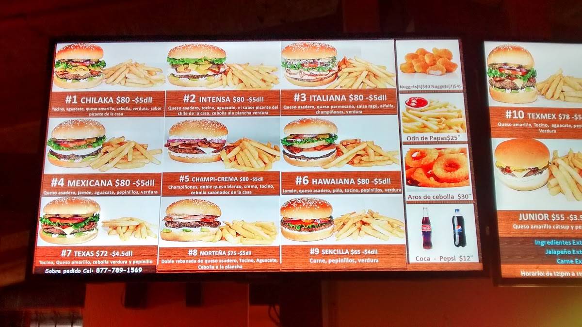 Carta de comida rápida Chilakas Burger, Ciudad Acuña