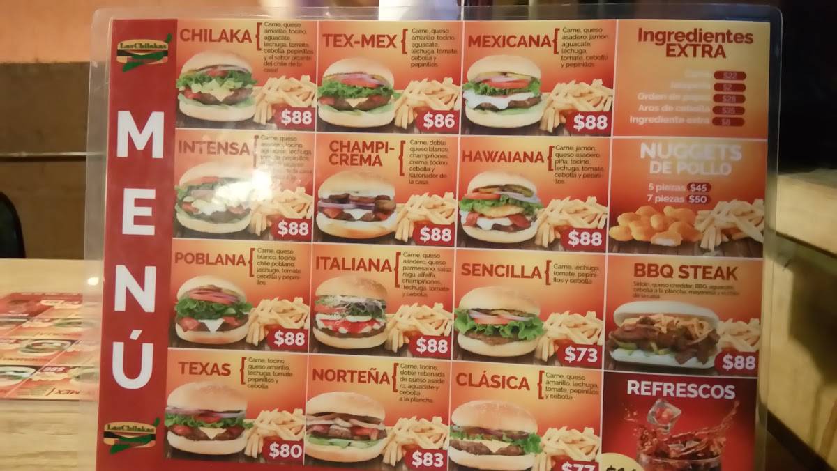 Carta de comida rápida Chilakas Burger, Ciudad Acuña