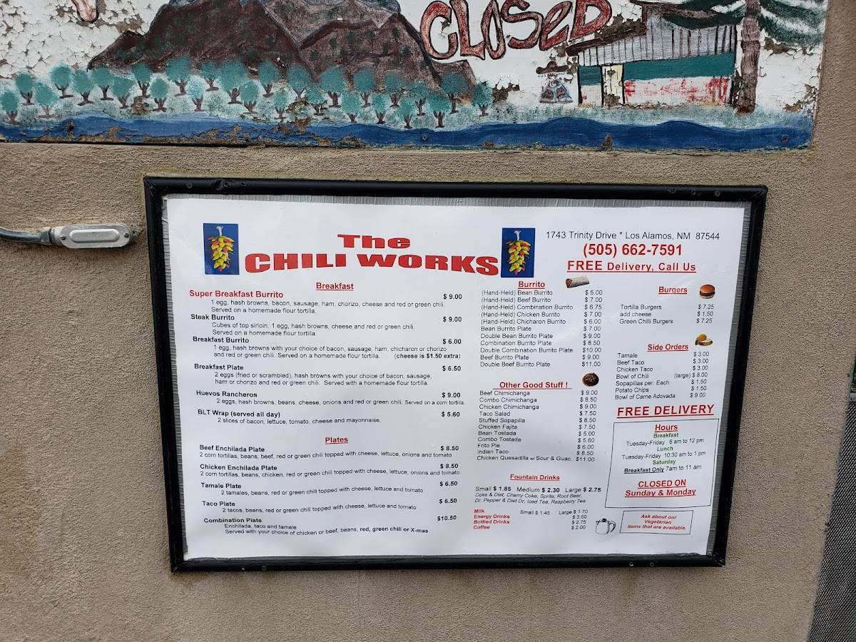 Menu at Chili Works restaurant, Los Alamos, Trinity Dr