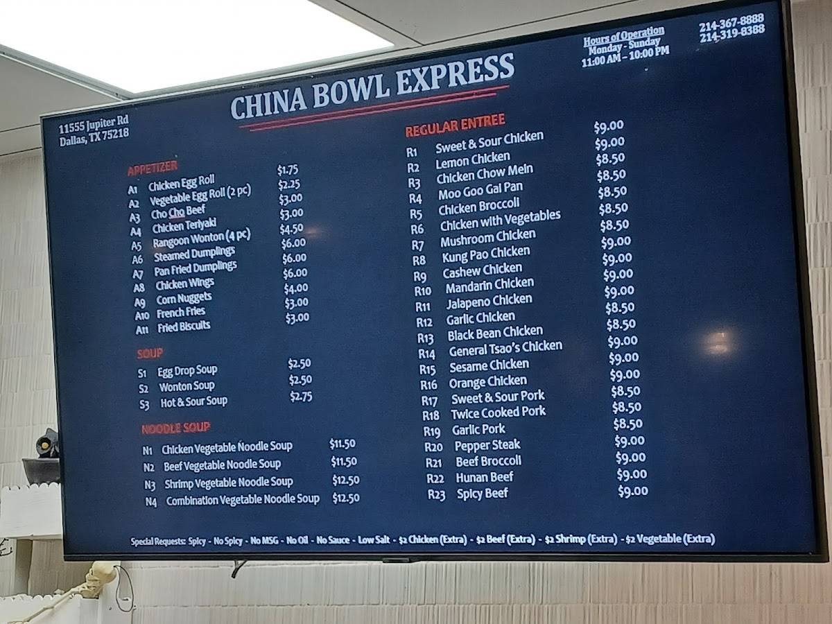 Menu at China Bowl Express restaurant, Dallas