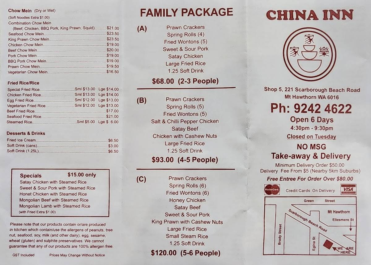 Menu at China Inn Chinese Take Away fast food, Mount Hawthorn