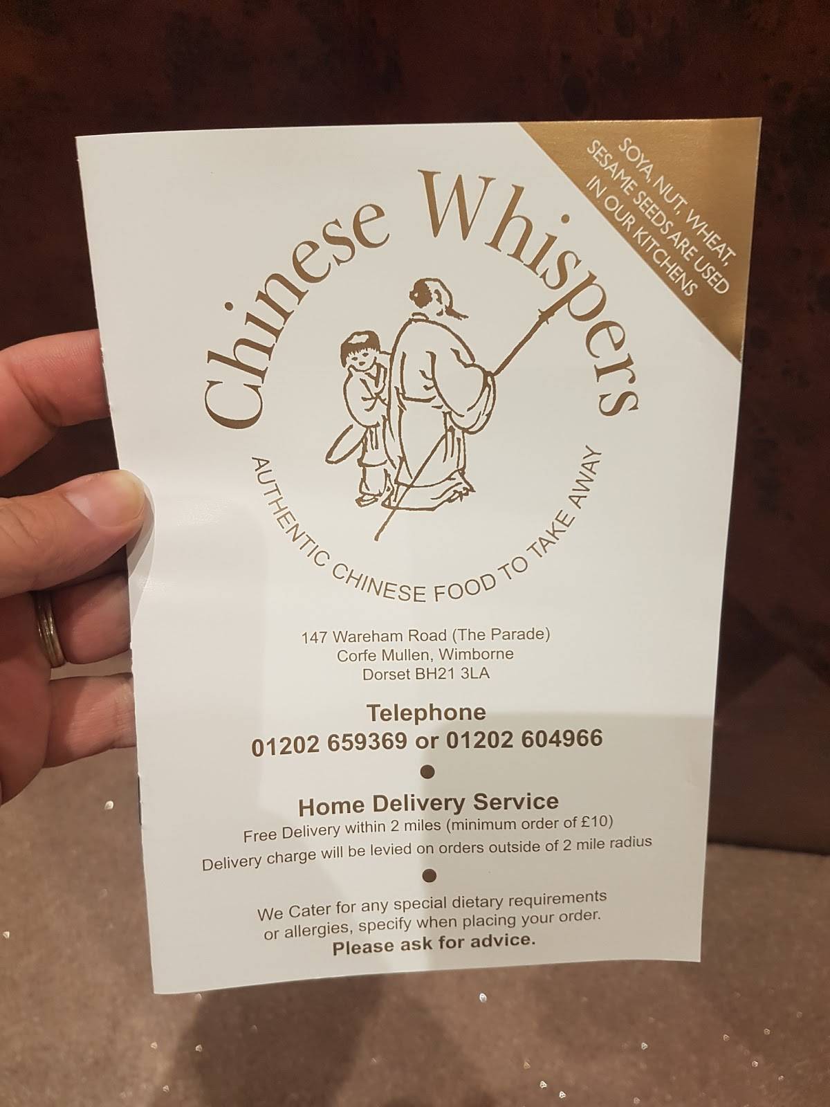 Menu at Chinese Whispers restaurant, Wimborne Minster