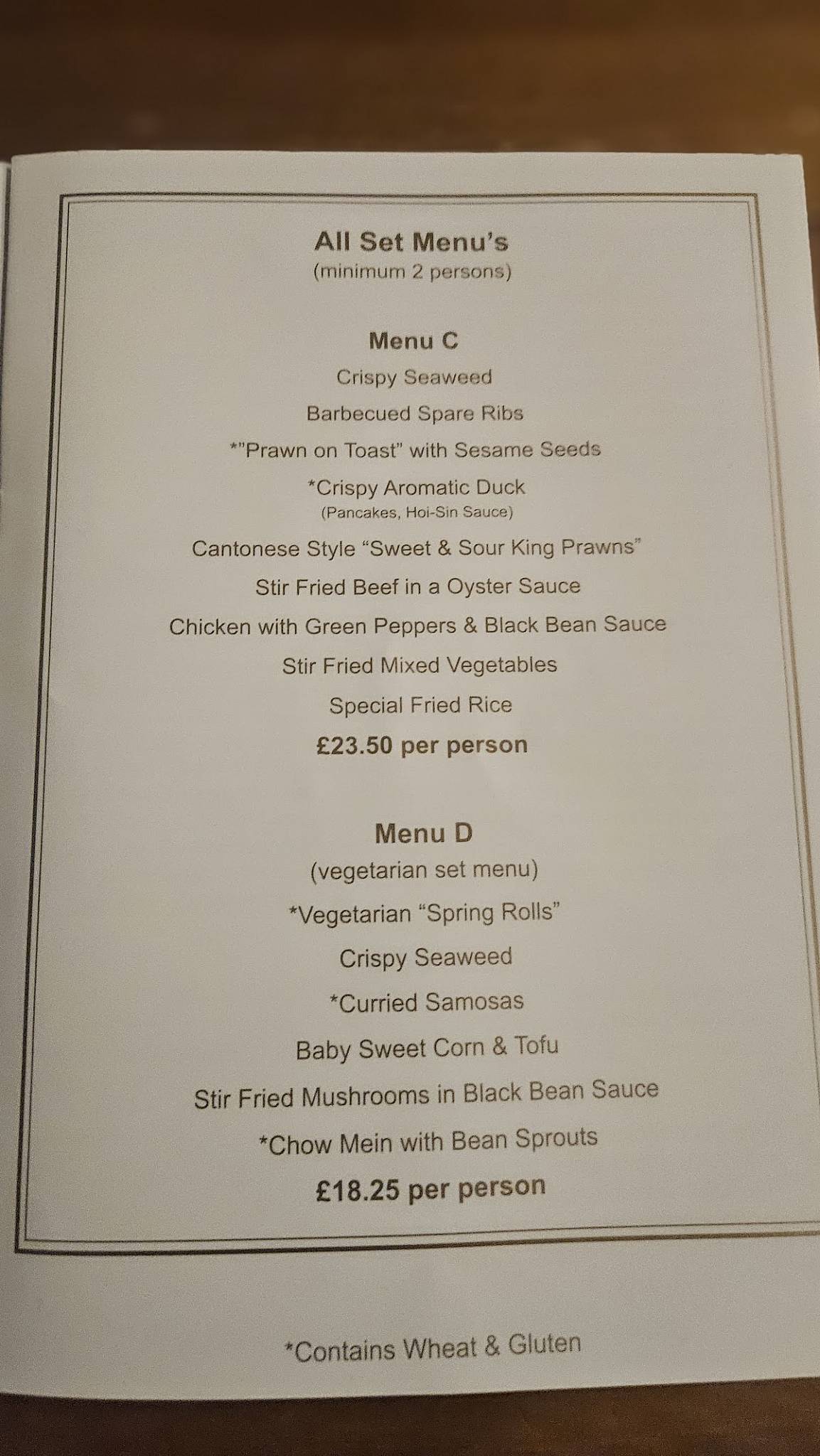 Menu at Chinese Whispers restaurant, Wimborne Minster