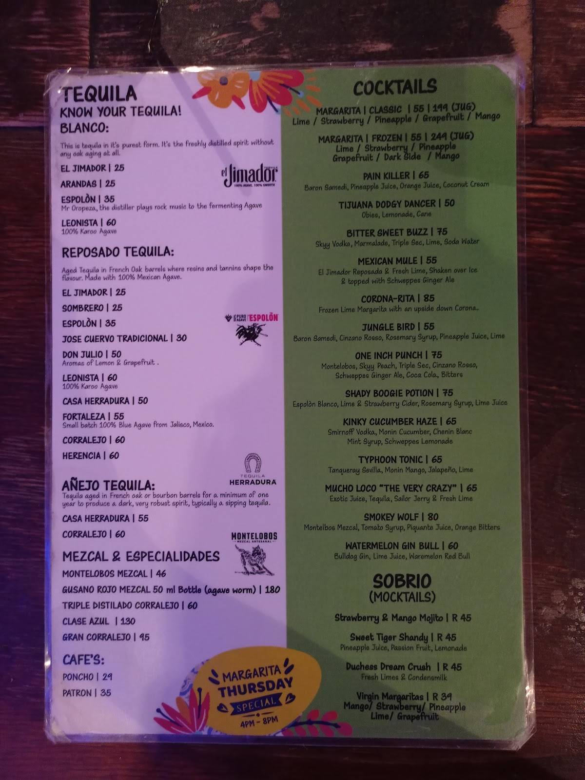Menu at Chingada's Mexican Cantina restaurant, Port Elizabeth