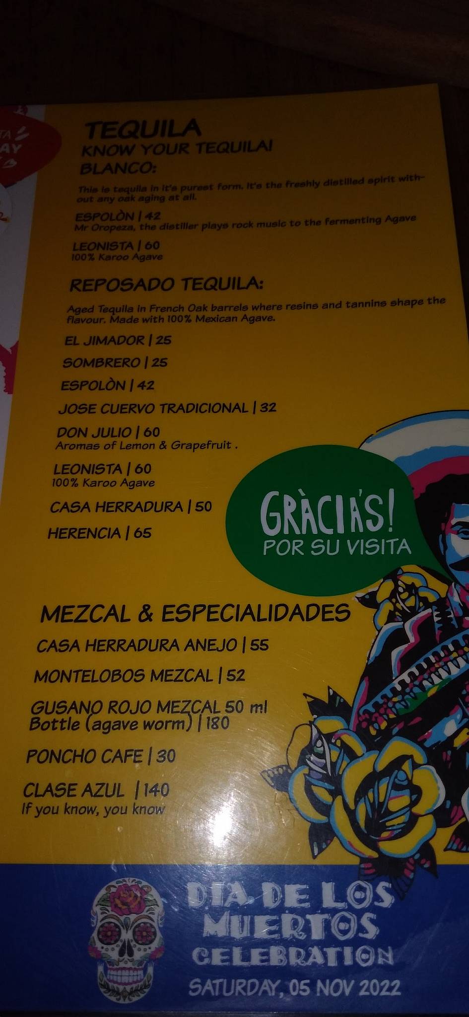 Menu at Chingada's Mexican Cantina restaurant, Port Elizabeth