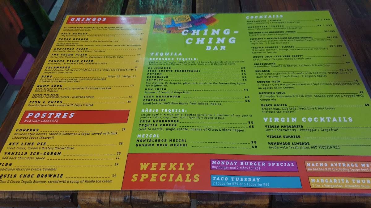 Menu at Chingada's Mexican Cantina restaurant, Port Elizabeth