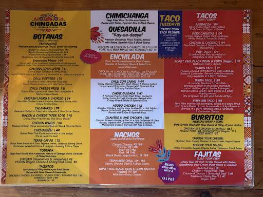 Menu at Chingada's Mexican Cantina restaurant, Port Elizabeth