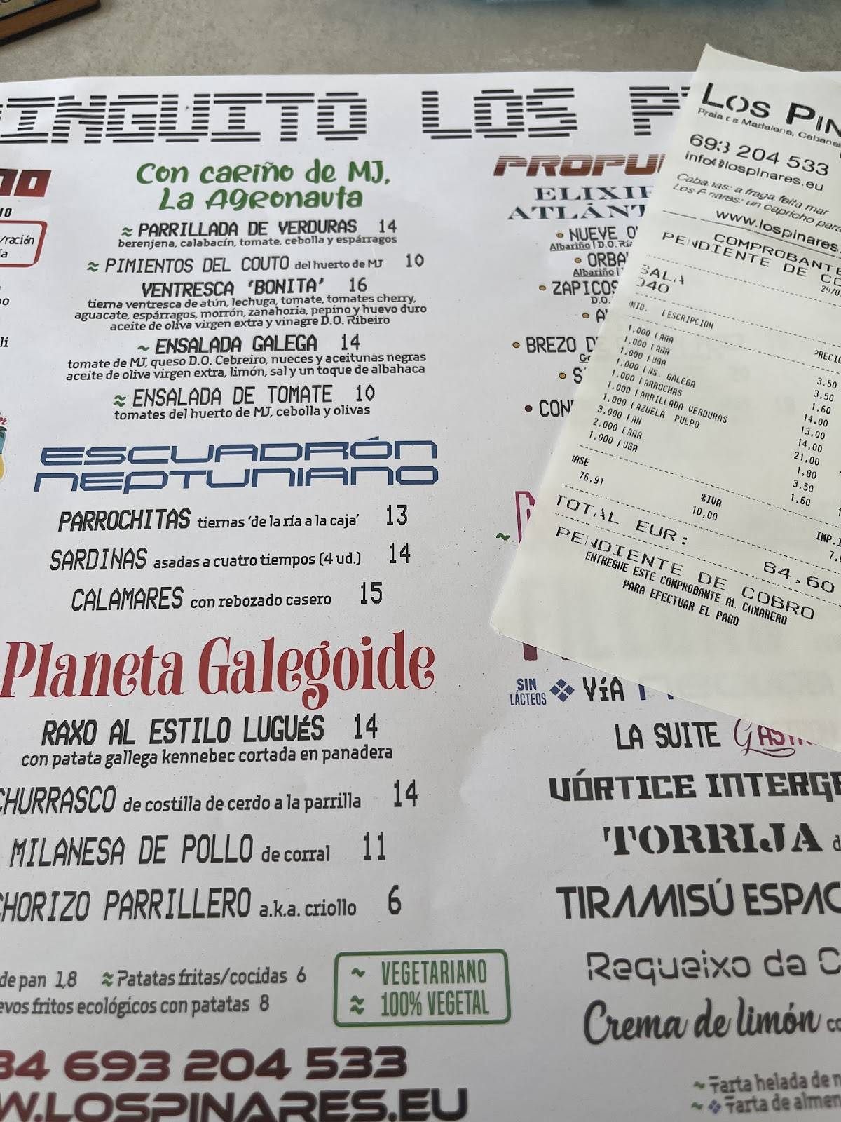 Menu at Chiringuito Los Pinares restaurant, Cabanas
