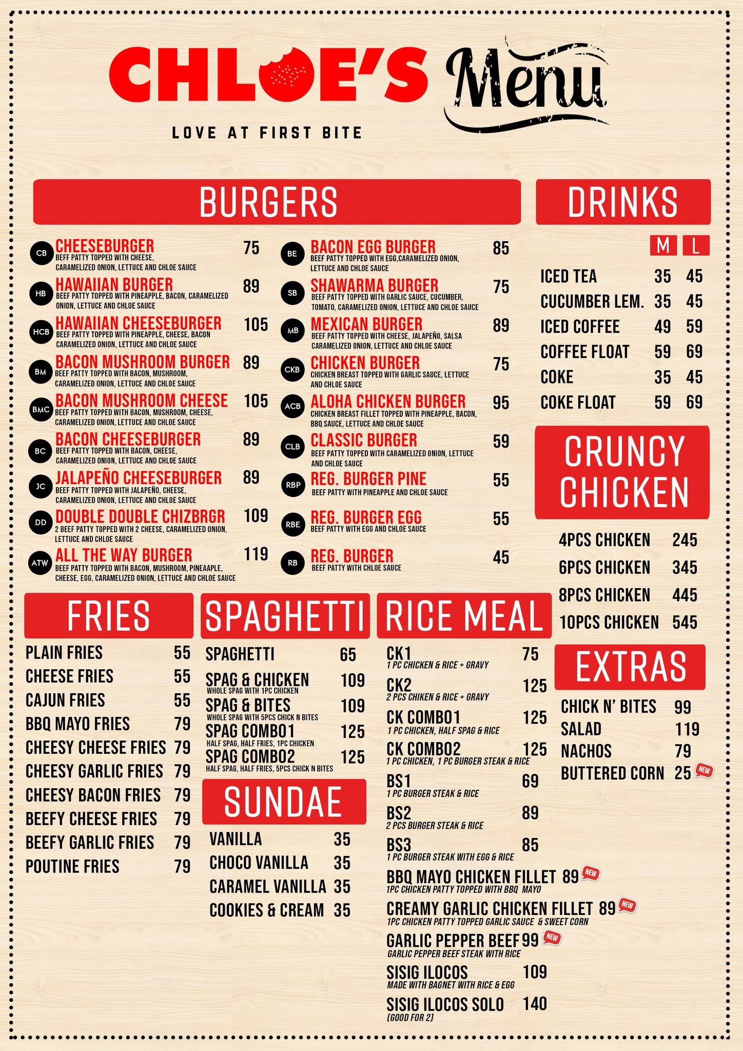 Menu at Chloe's Burger restaurant, Bangui
