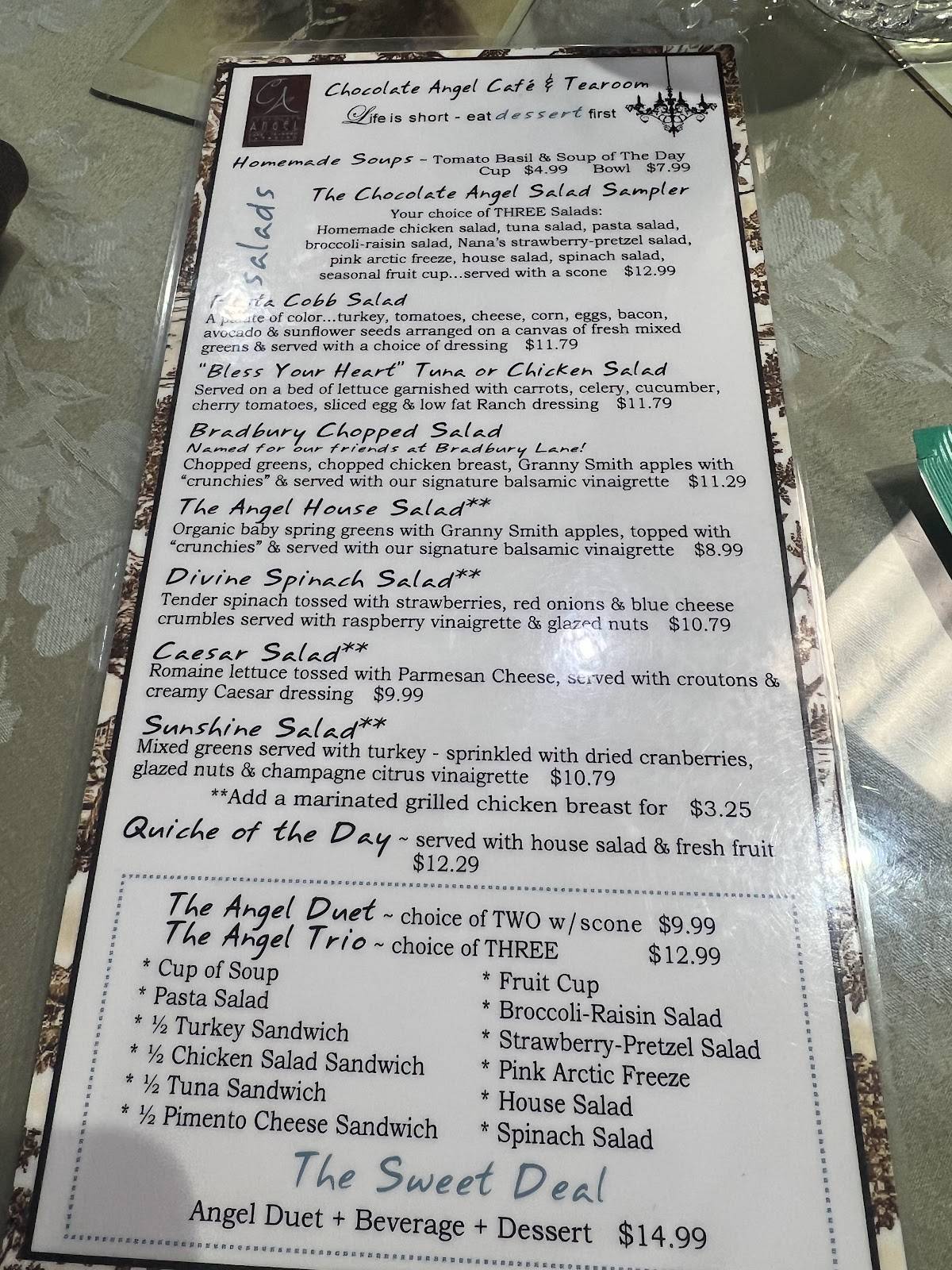 Menu at Chocolate Angel Cafe & Tea Room, Plano