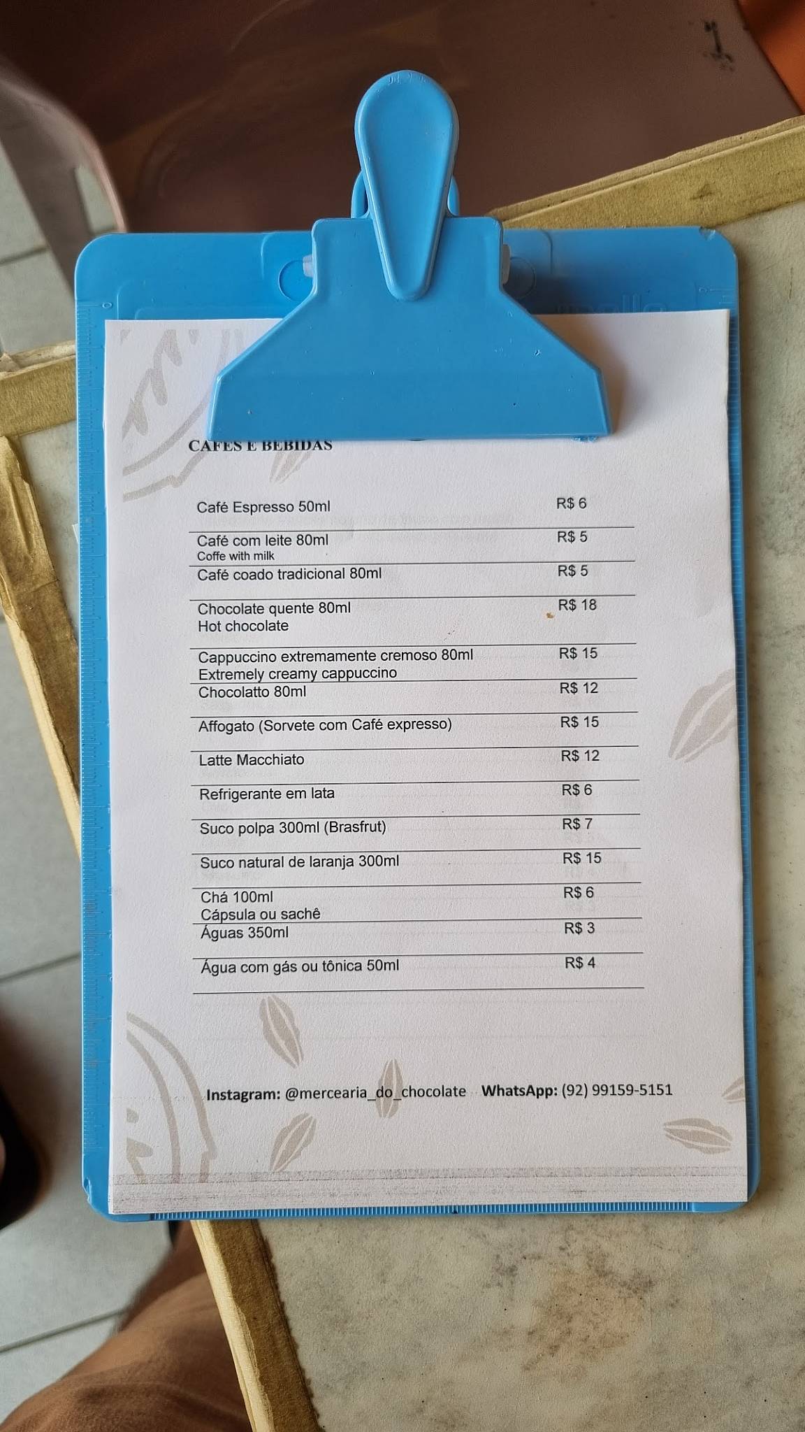Menu at Chocolate Store, Manaus