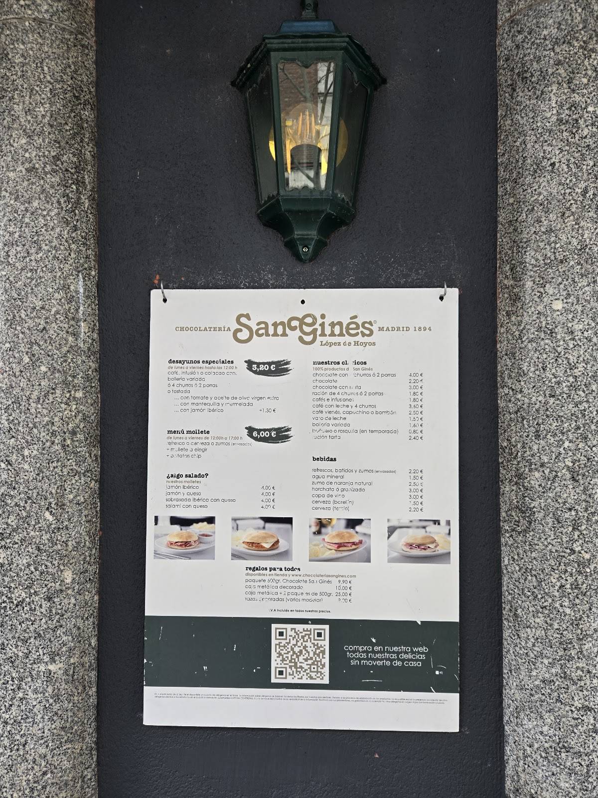Menu at Chocolateria San Ginés cafe, Madrid, C. de López de Hoyos