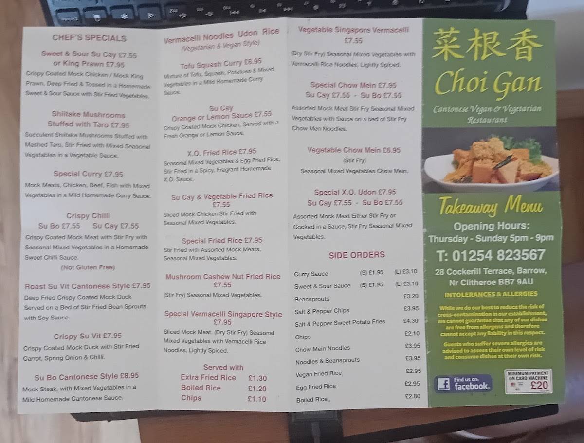 Menu at Choi Gan restaurant, Clitheroe