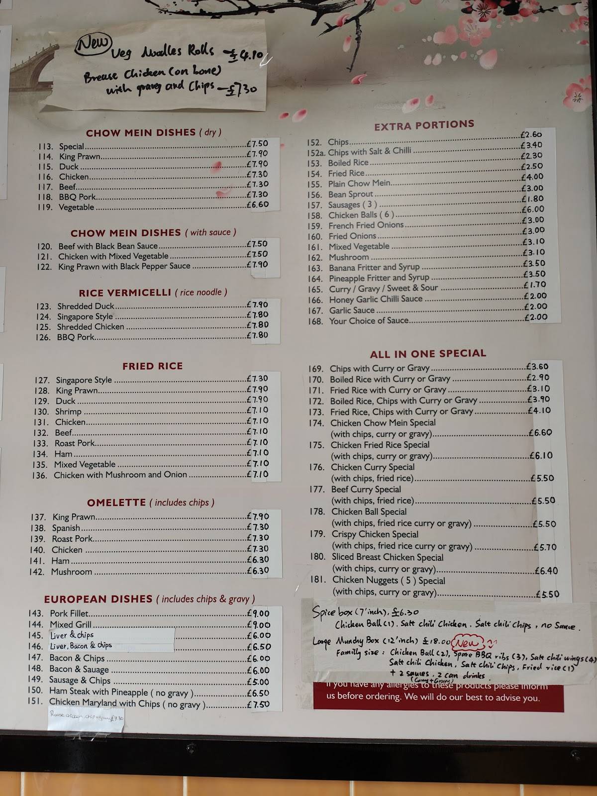 Menu at Chopsticks restaurant, Enniskillen