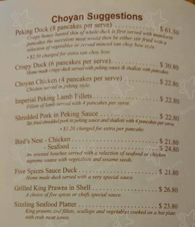 Menu at Choyan Restaurant, Gordon, 9 St Johns Ave