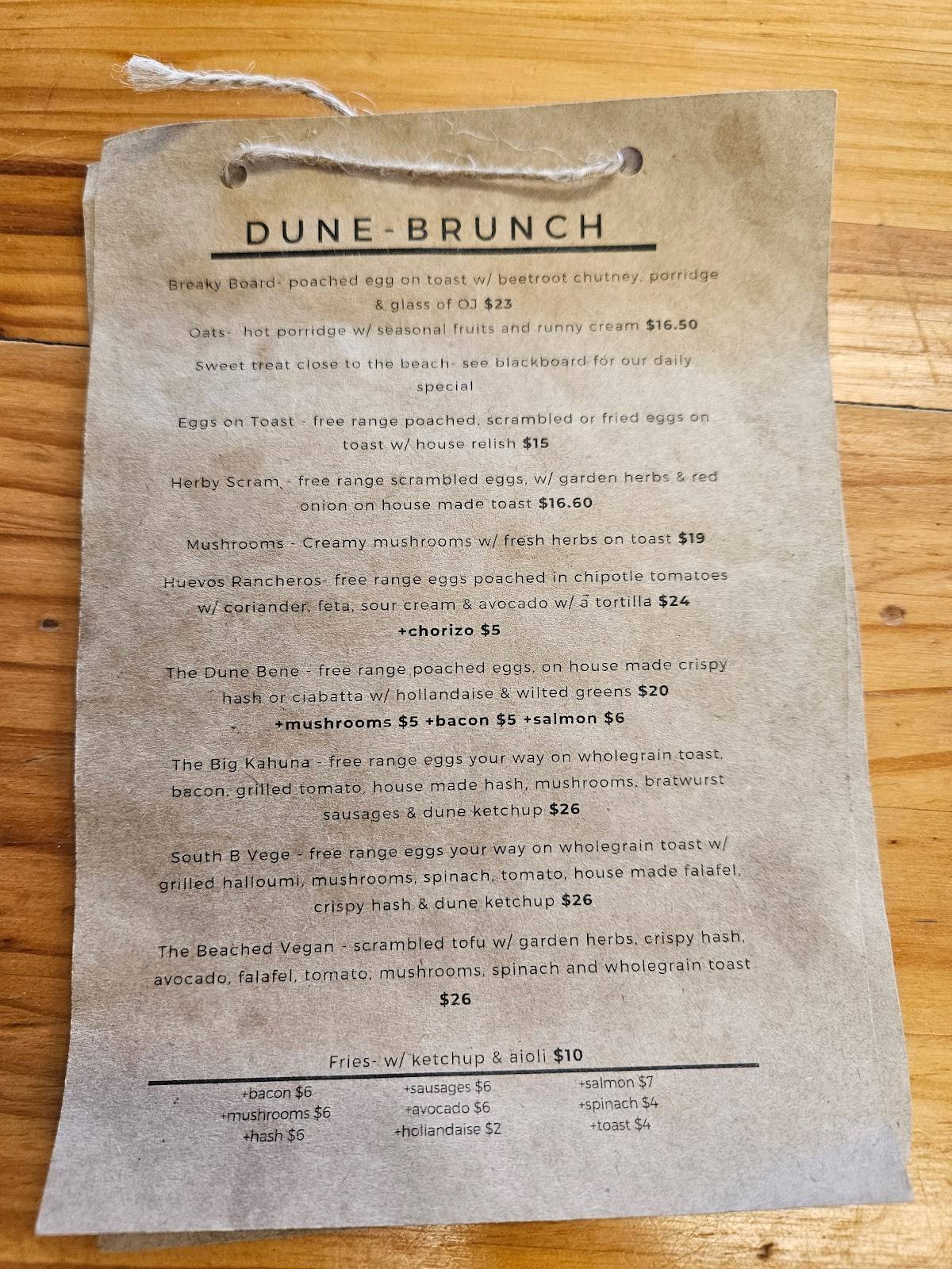 Menu at Dune Cafe, Christchurch