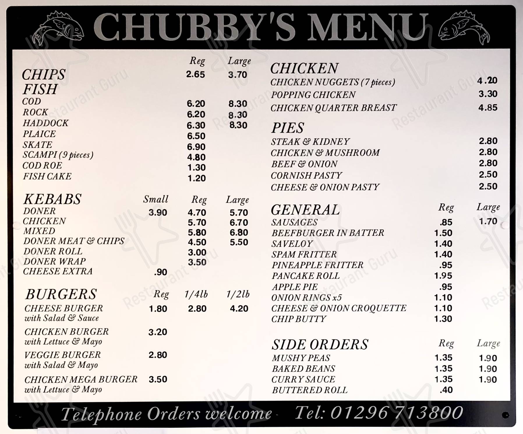 Menu at Chubby's Chippy fast food, Winslow