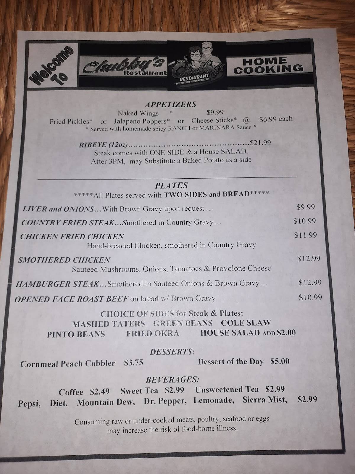 Menu at Chubby's Restaurant, Sevierville