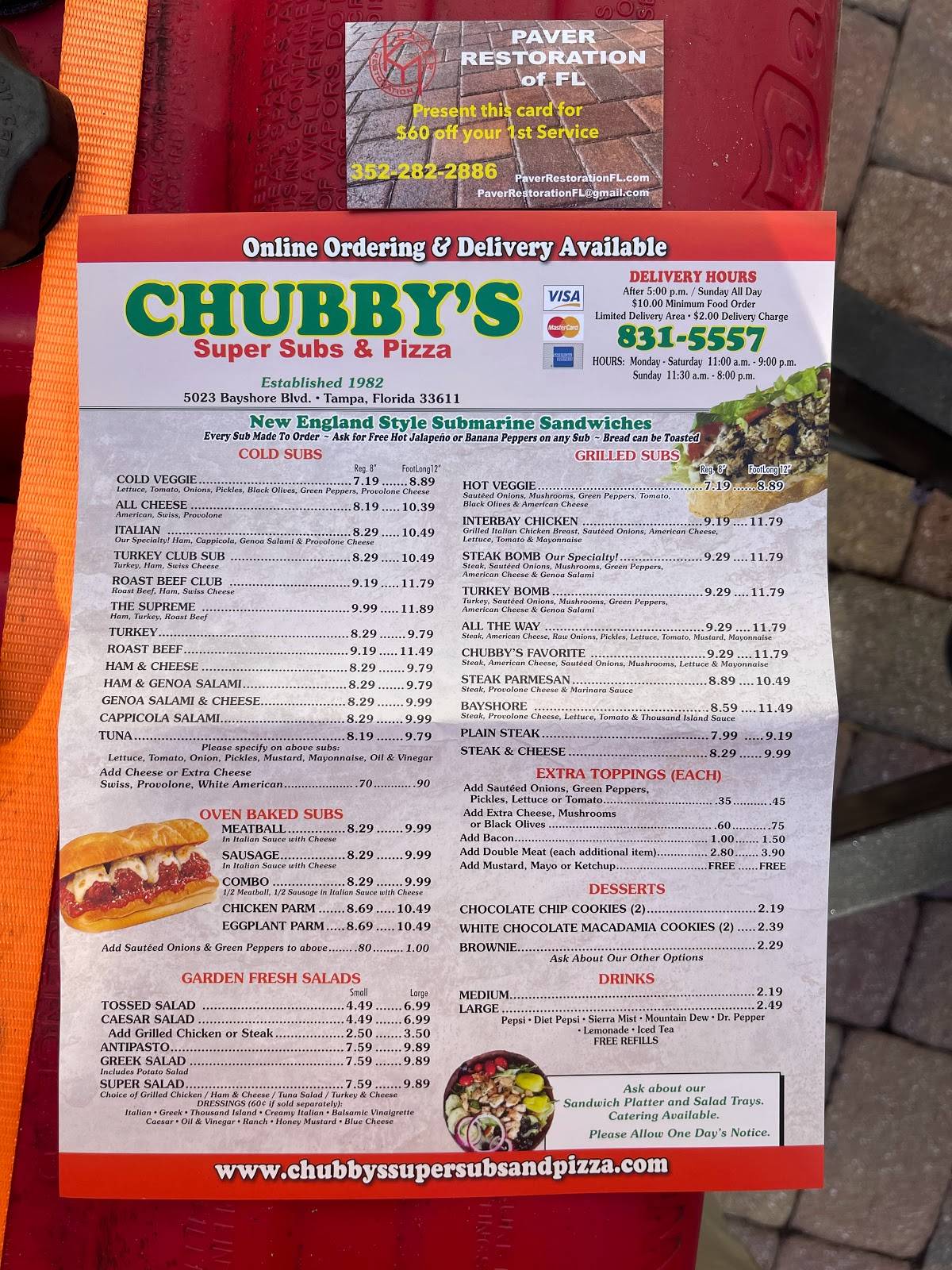 Menu at Chubby's Super Subs & Pizza pub & bar, Tampa