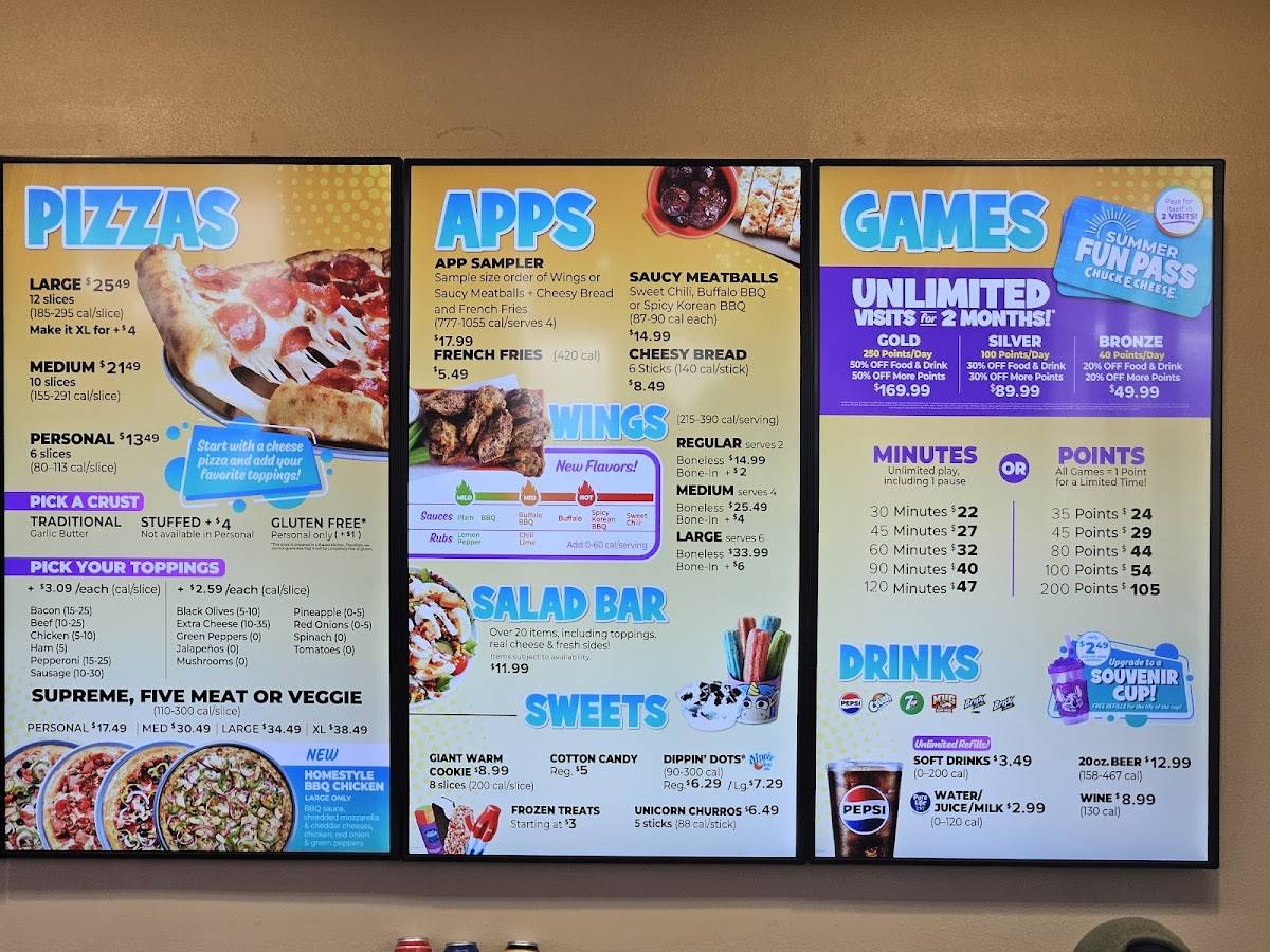 Menu au Chuck E. Cheese pizzeria, Whitby