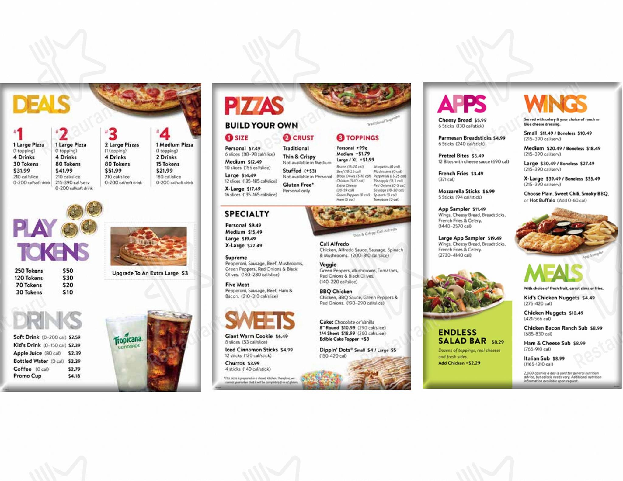 Menu at Chuck E. Cheese pizzeria, Wilmington