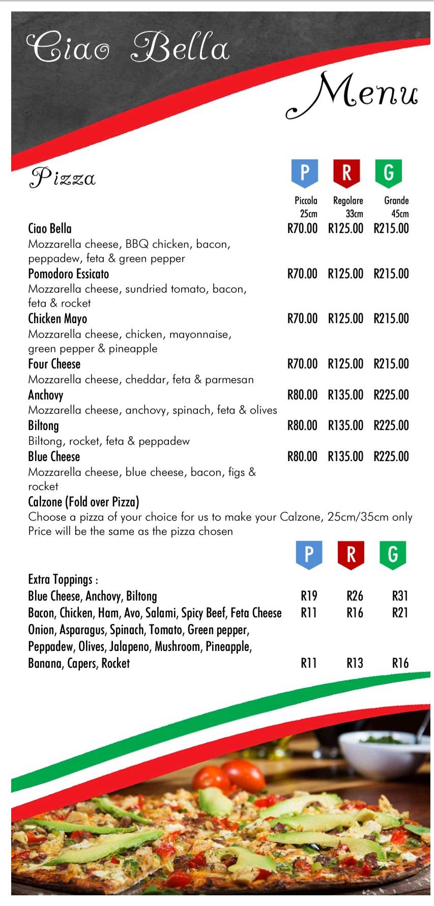 Menu at Ciao Bella Pizzeria Strand, Cape Town