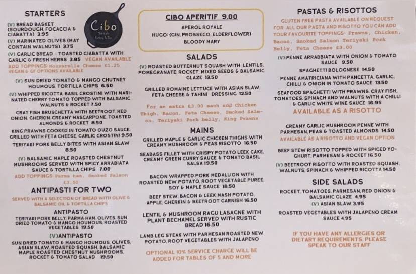 Menu at Cibo restaurant, Ryde, 9 High Street