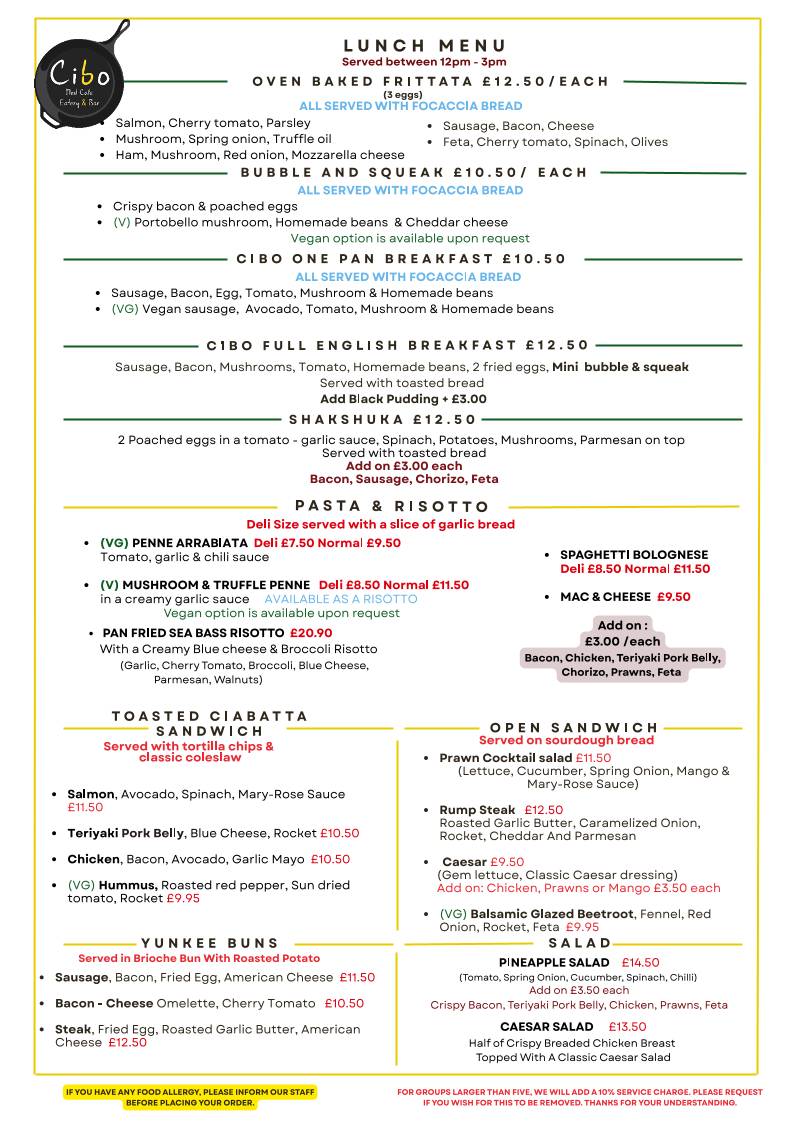 Menu at Cibo restaurant, Ryde, 9 High Street