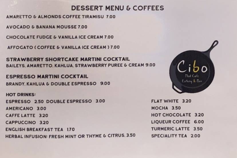Menu at Cibo restaurant, Ryde, 9 High Street
