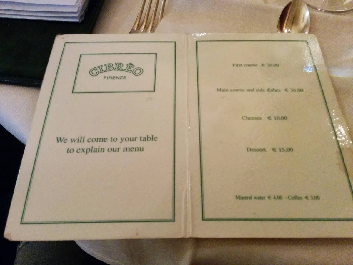 Carta del restaurante Cibrèo Trattoria, Florencia
