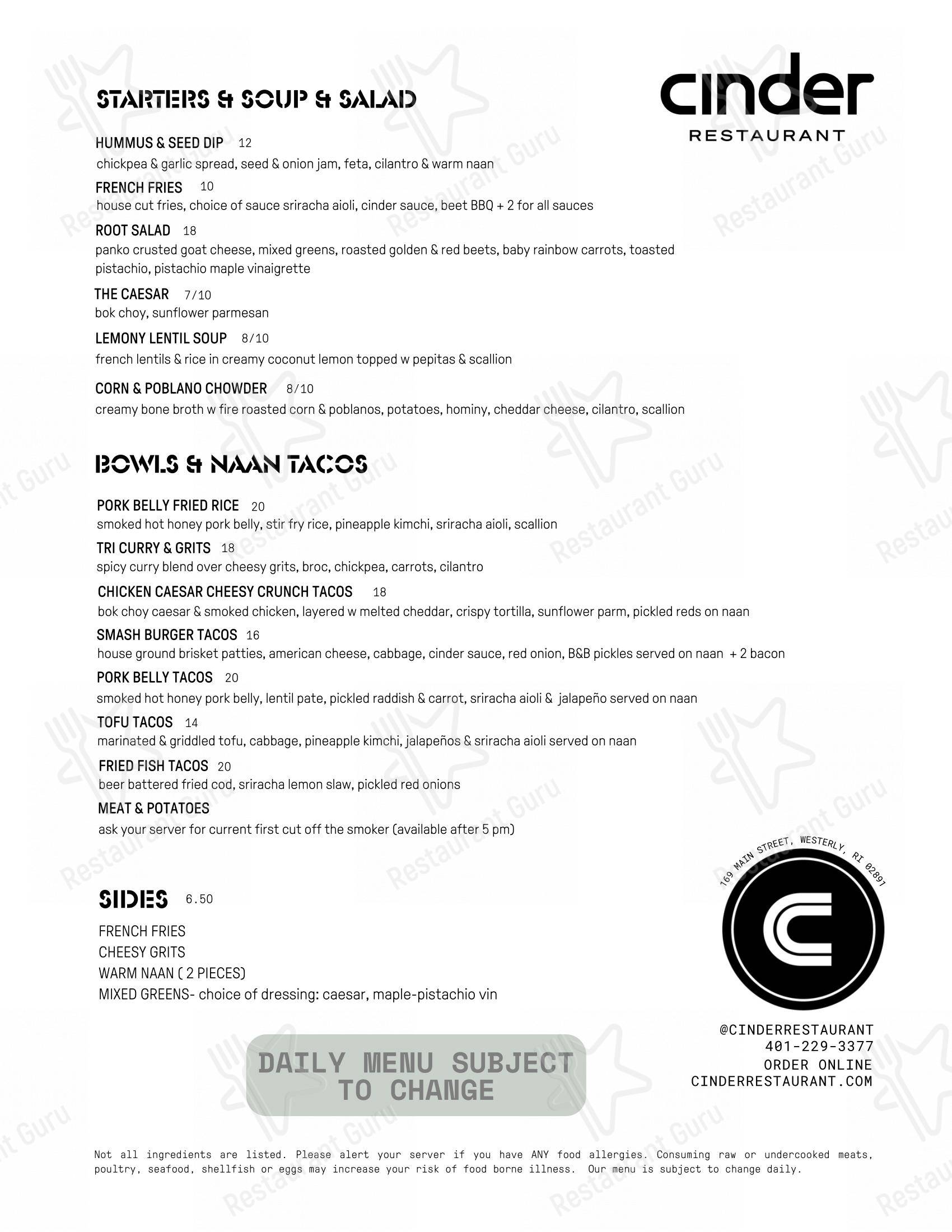 Menu at Cinder Restaurant, Westerly