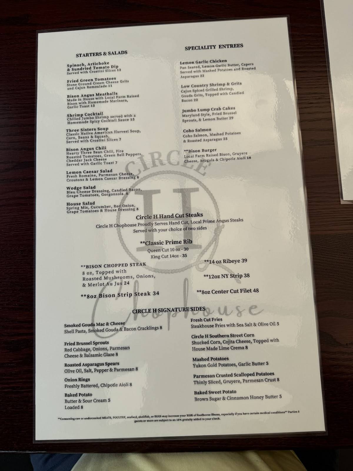 Menu at Circle H Chophouse steakhouse, Cherokee