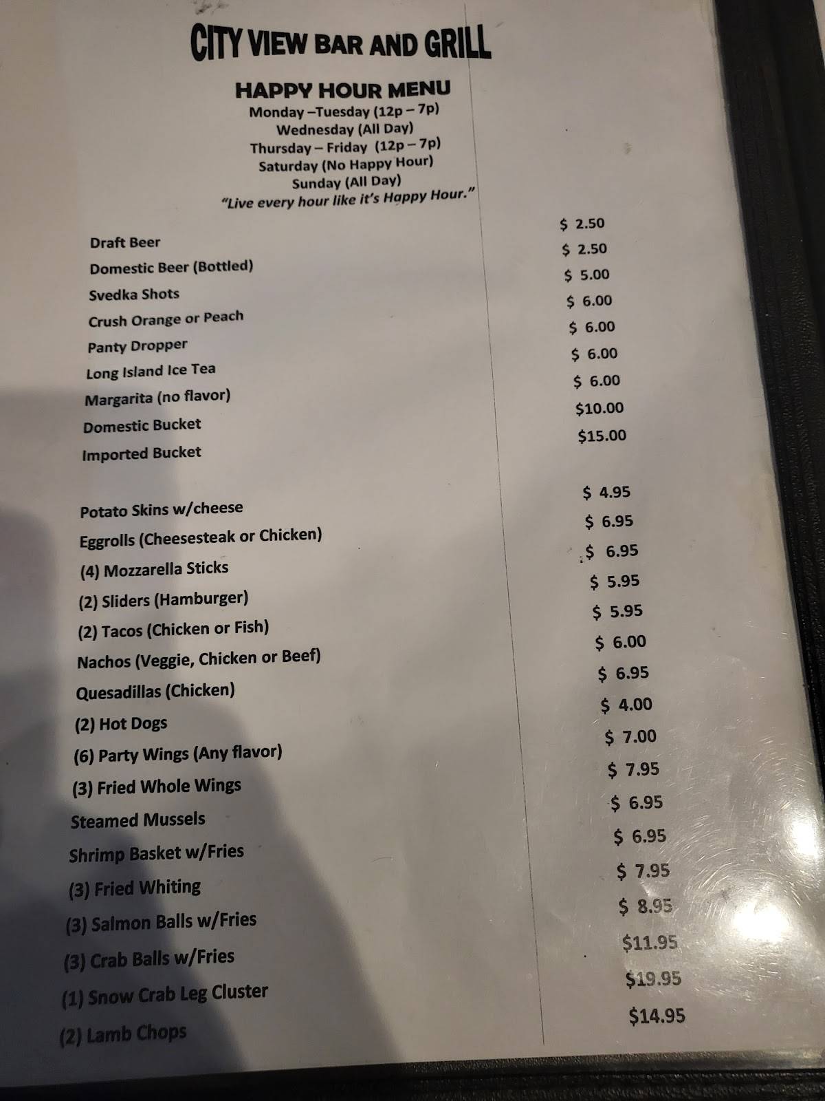 Menu at City View Bar & Grill, Baltimore
