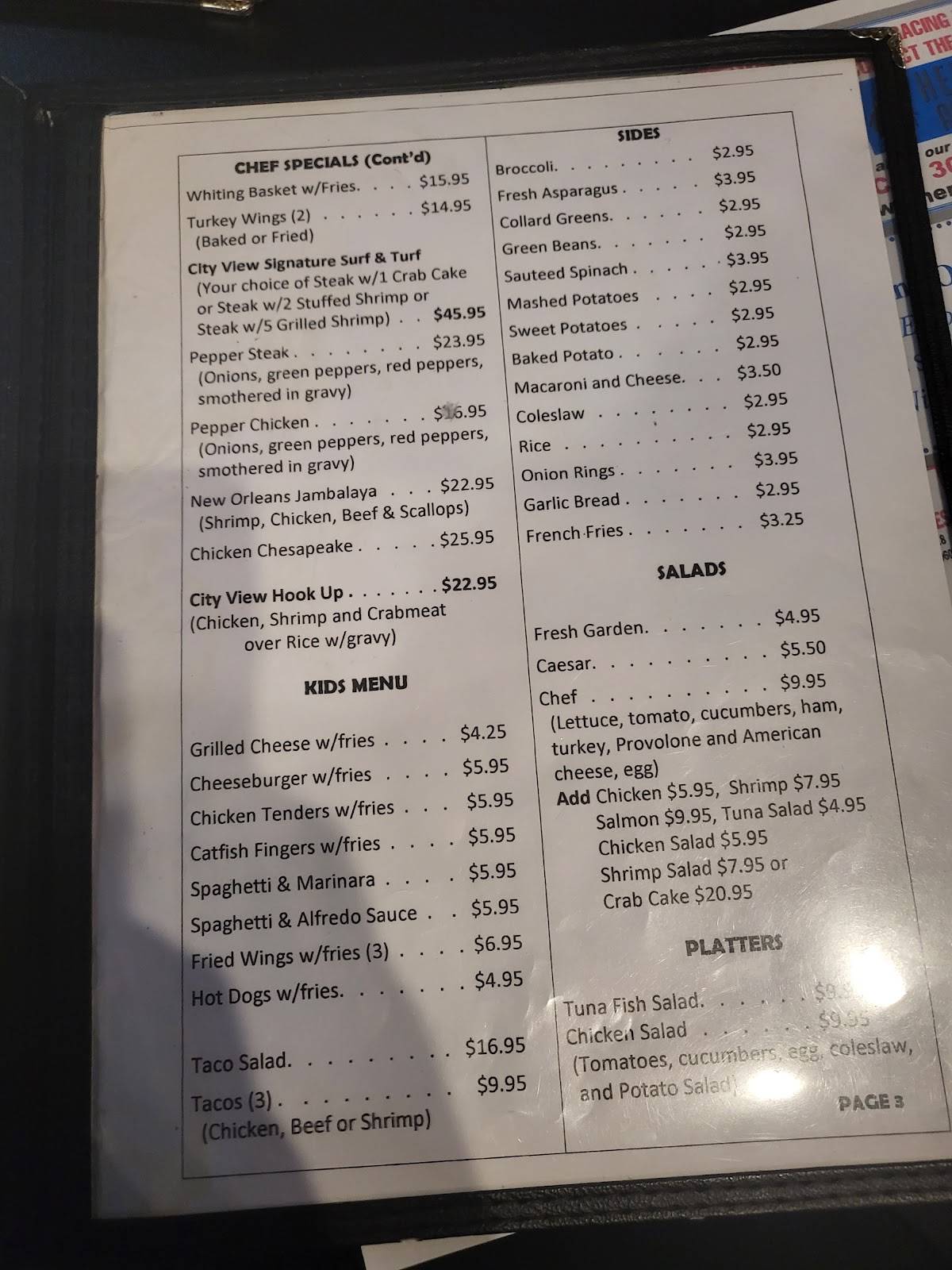 Menu at City View Bar & Grill, Baltimore