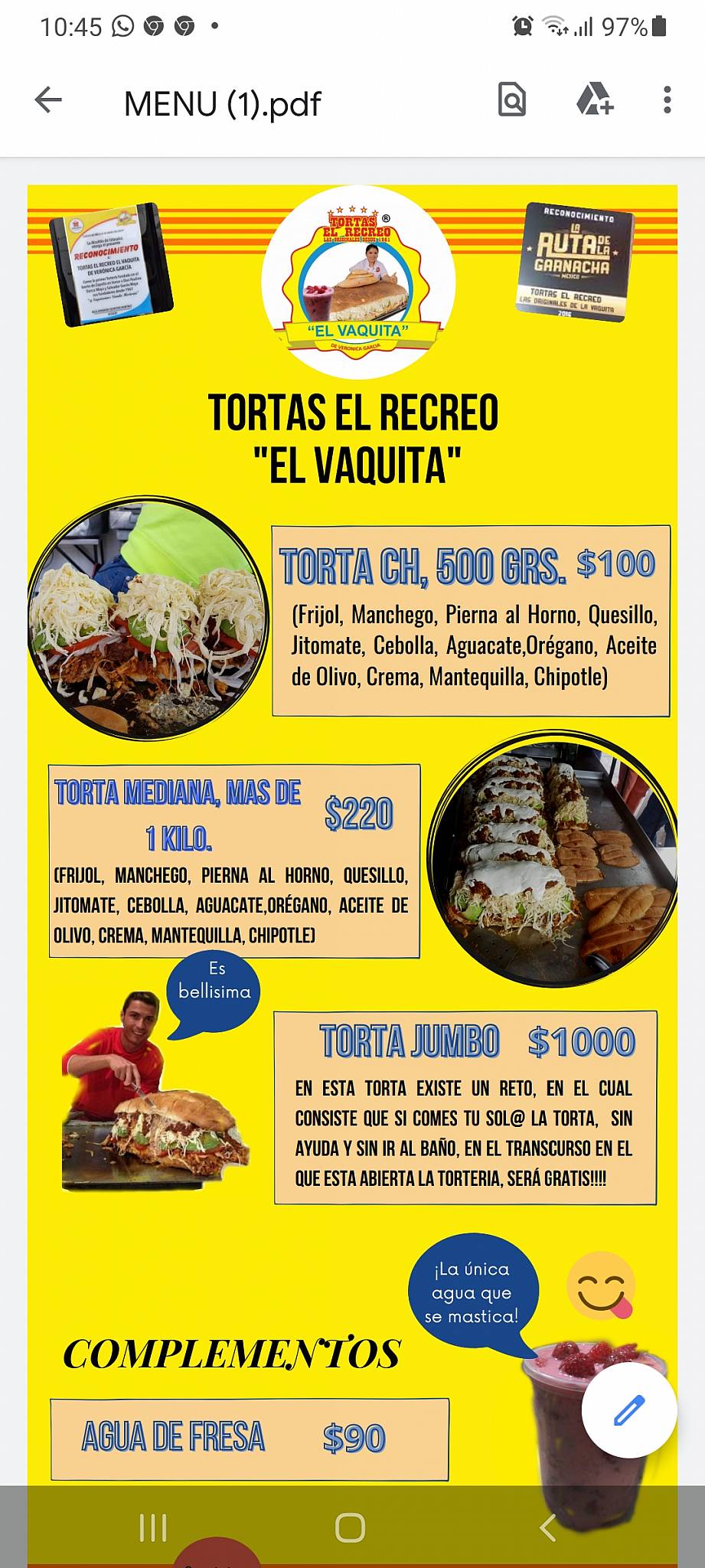 Carta del restaurante Tortas El Recreo Las Originales El Vaquita ...